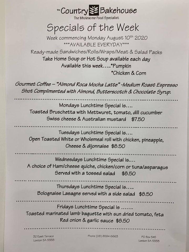 Menu at The Country Bakehouse cafe, Loxton