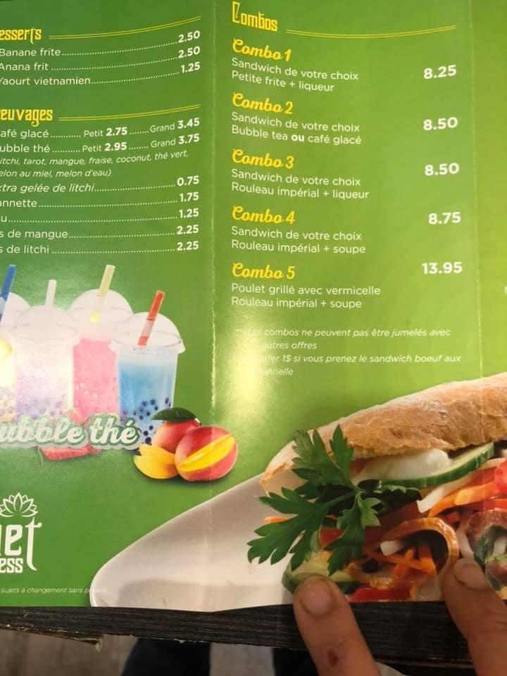 Menu au Viet Express restaurant, Montréal, Rue Wellington