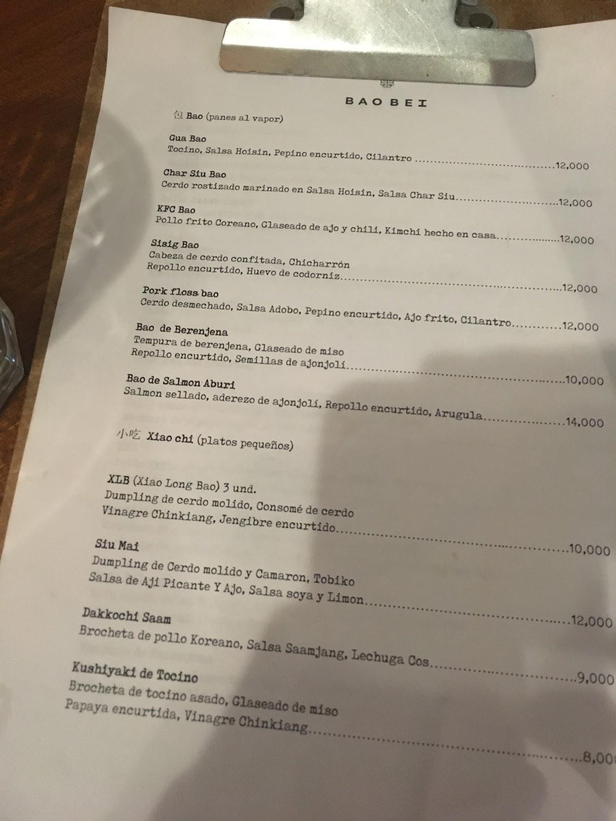 Carta del restaurante Bao Bei Cocina Asiática Contemporánea, Medellín