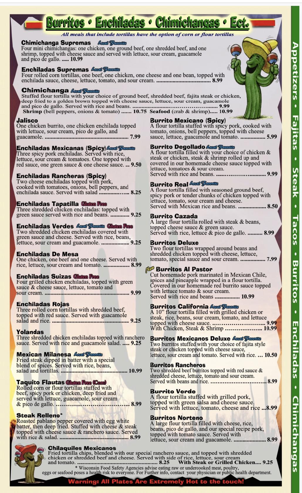Menu at Casa Mexicana Rhinelander restaurant, Rhinelander