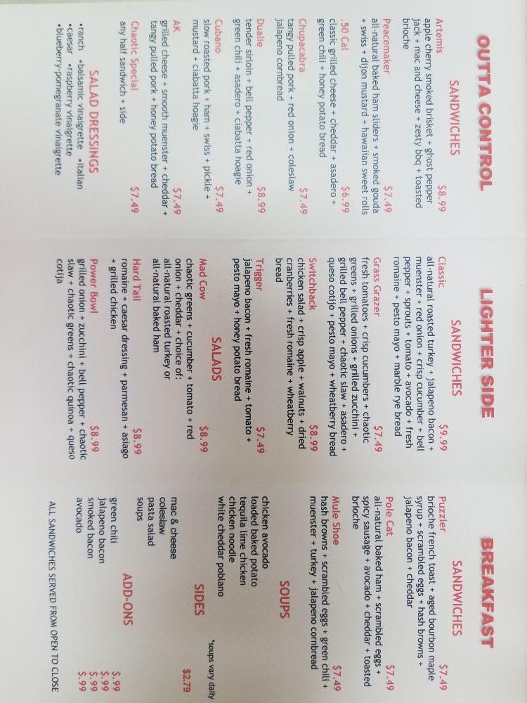 Menu at Chaos Sandwiches desserts, Silver City