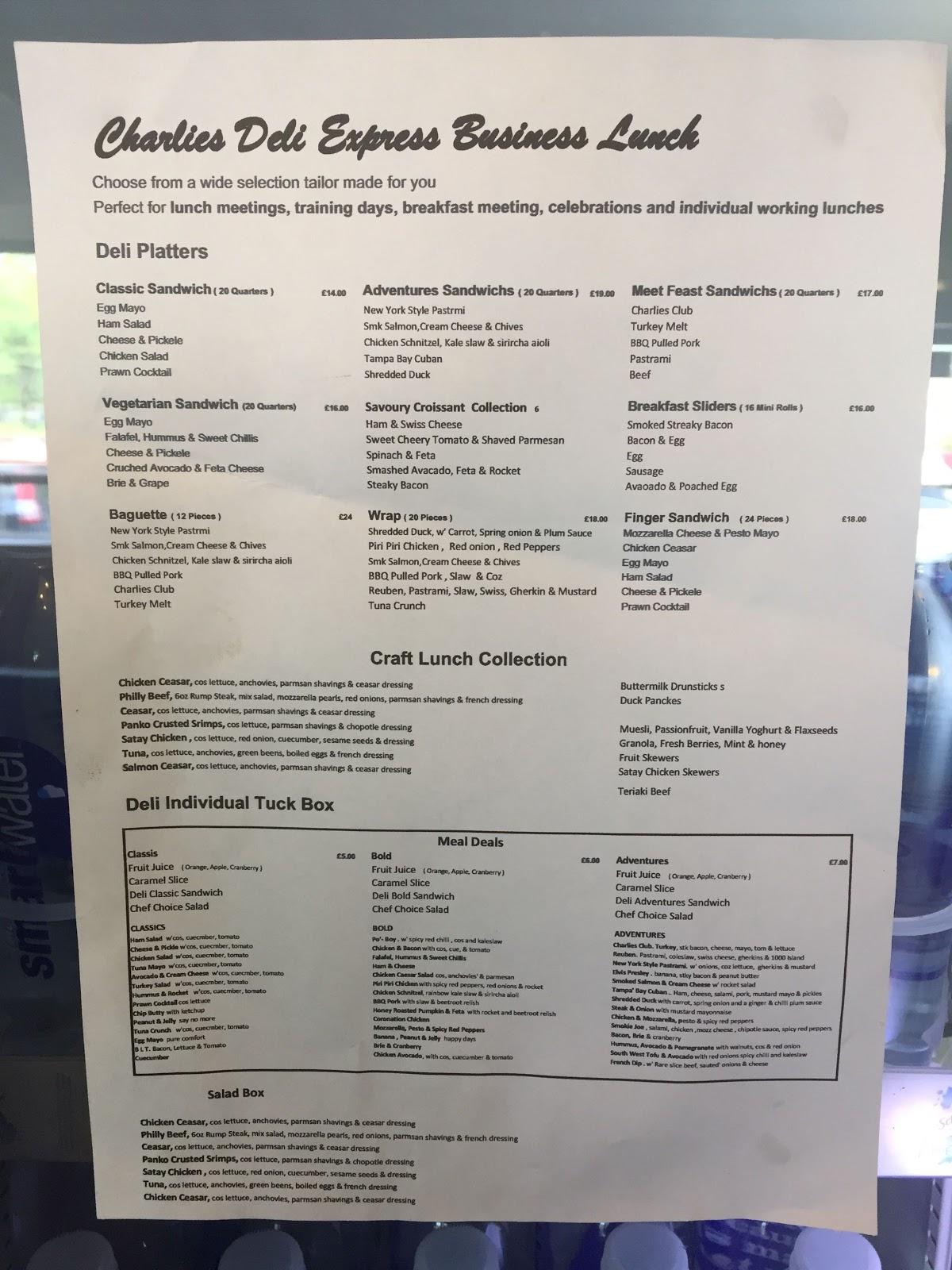 Menu at Charlie's Deli and Coffee House, Crawley