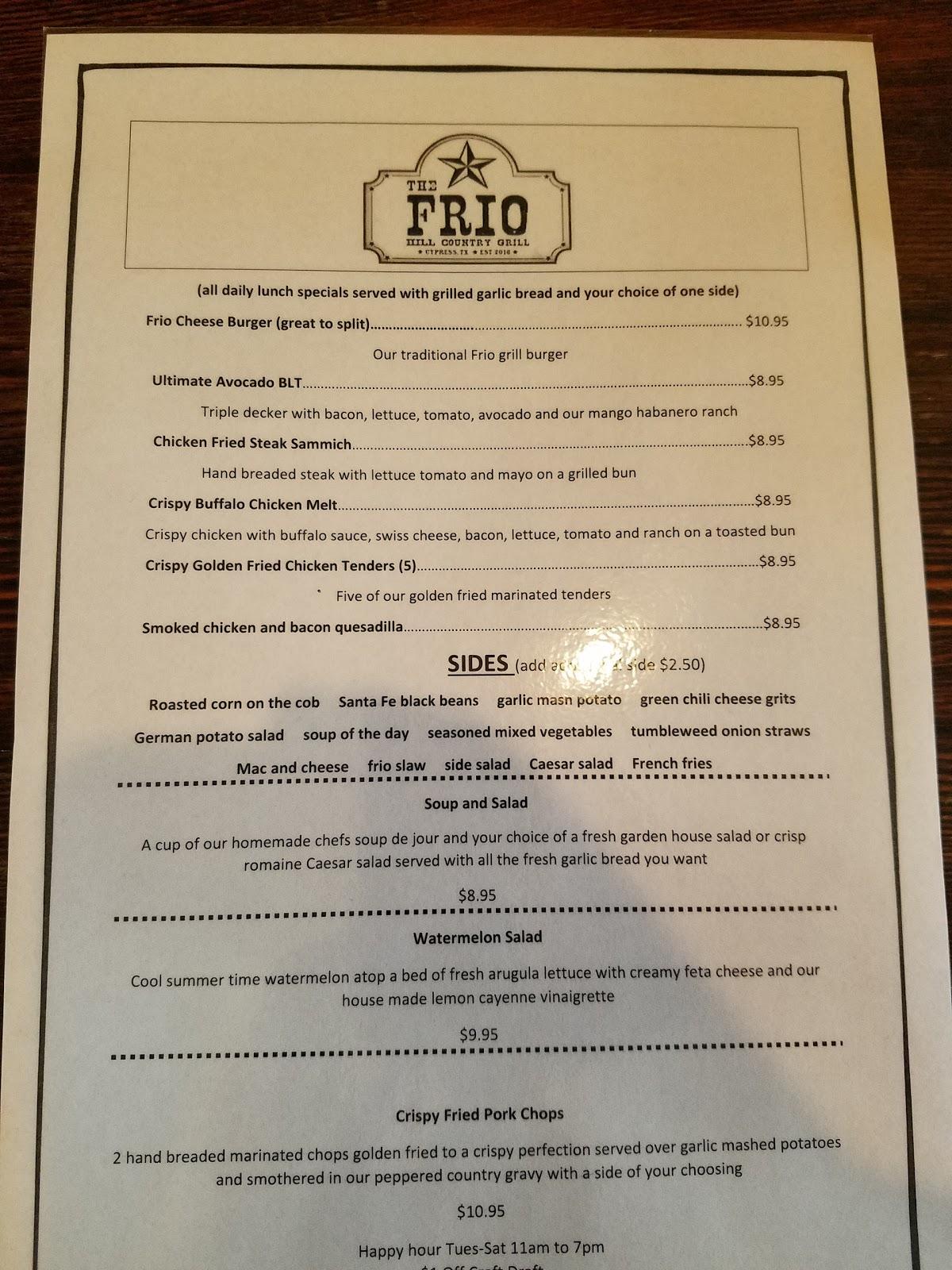 Menu at The Frio - Hill Country Grill & The Barn, Cypress