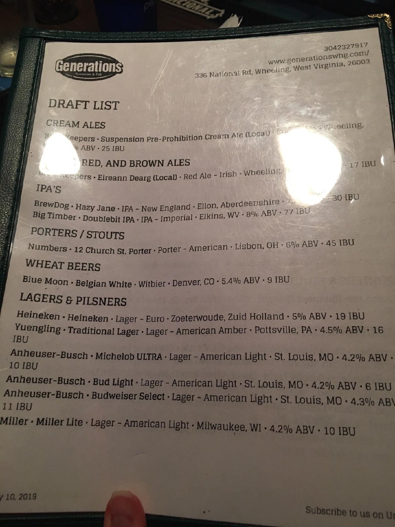 Menu at Generations Restaurant & Pub, Wheeling