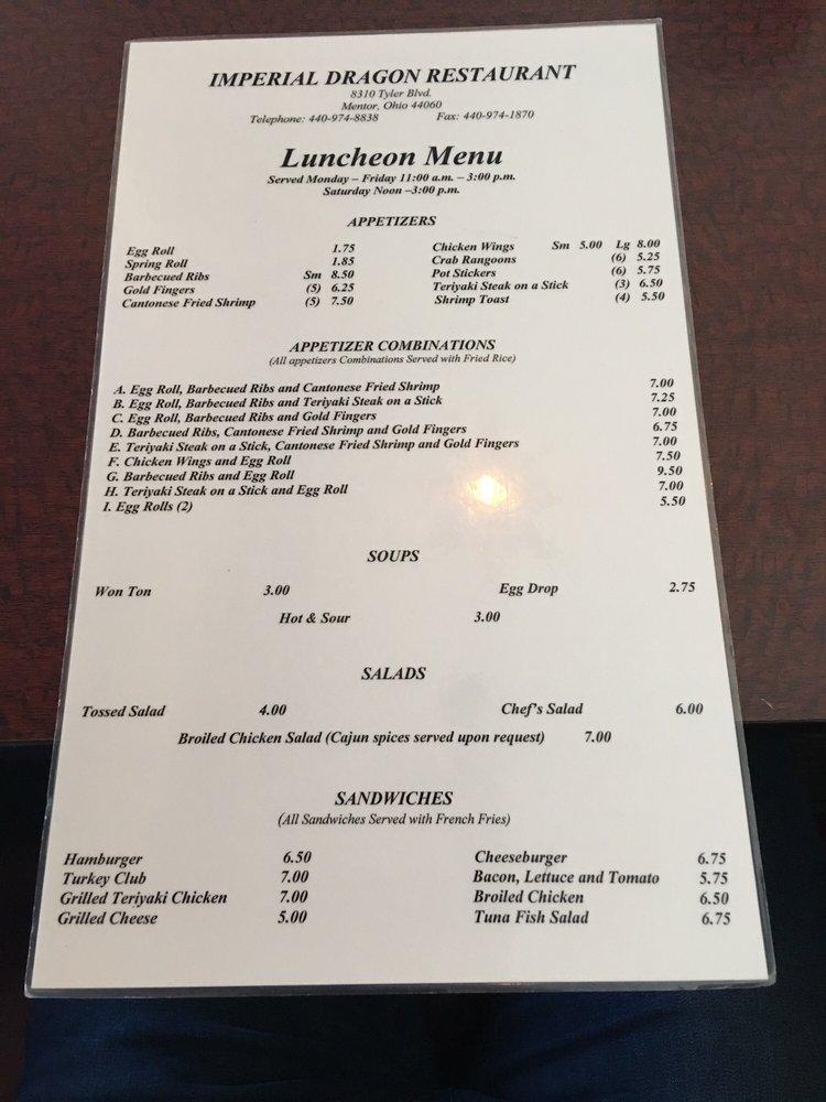 Menu at Imperial Dragon restaurant, Mentor