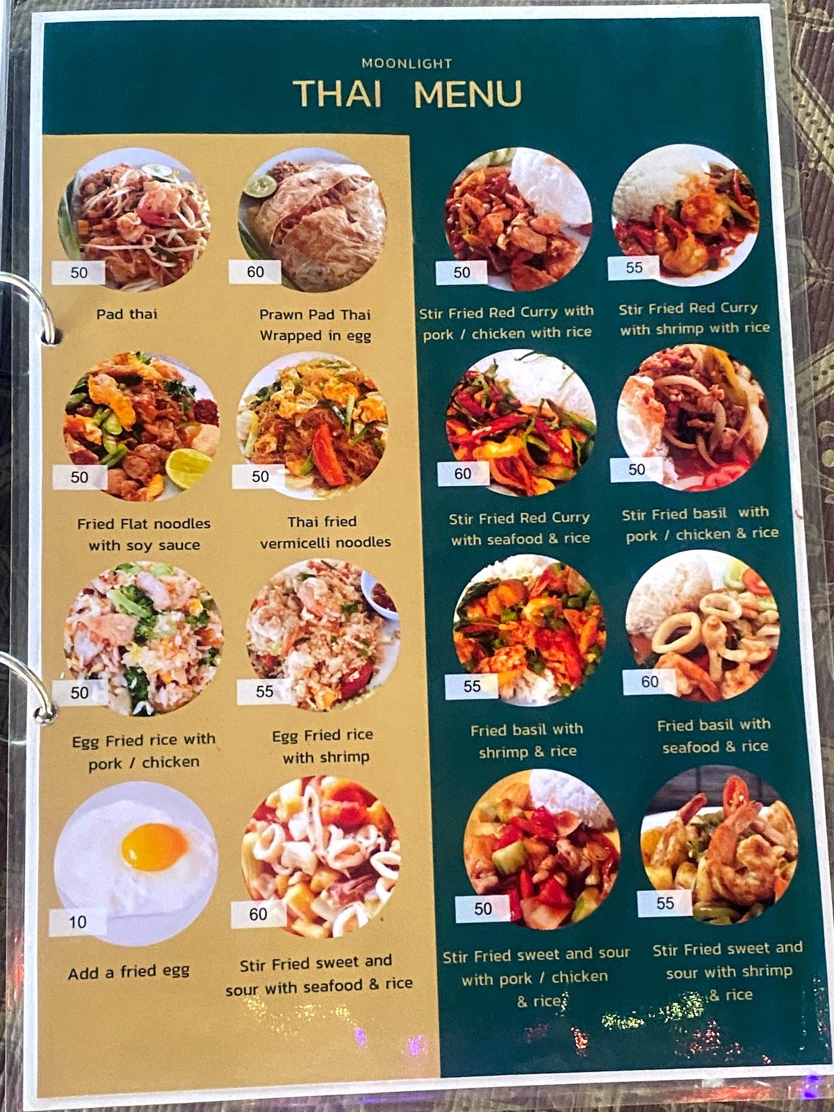 Menu at Moonlight bar, Bueng Khong Long