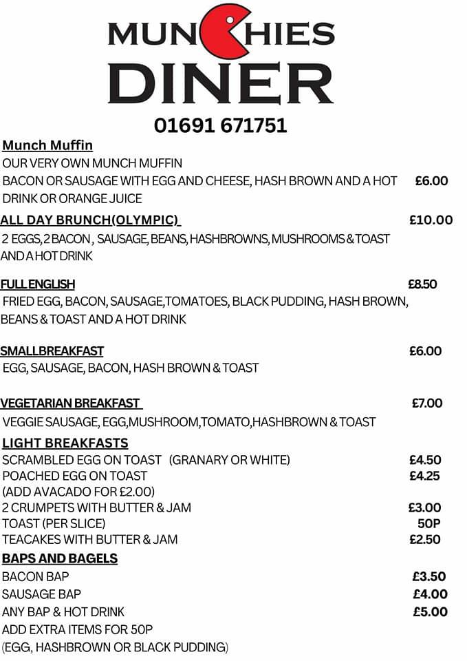 Menu at Munchies Diner cafe, Oswestry, Unit 3