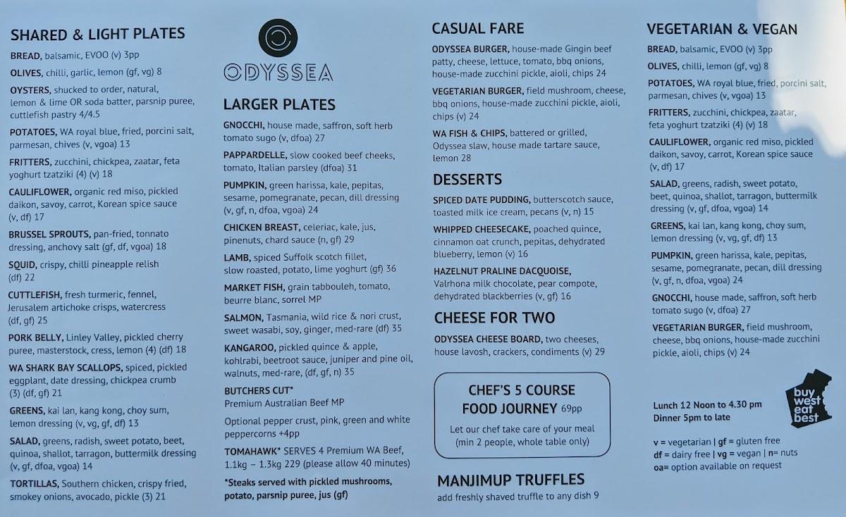 Menu at Odyssea restaurant, City Beach