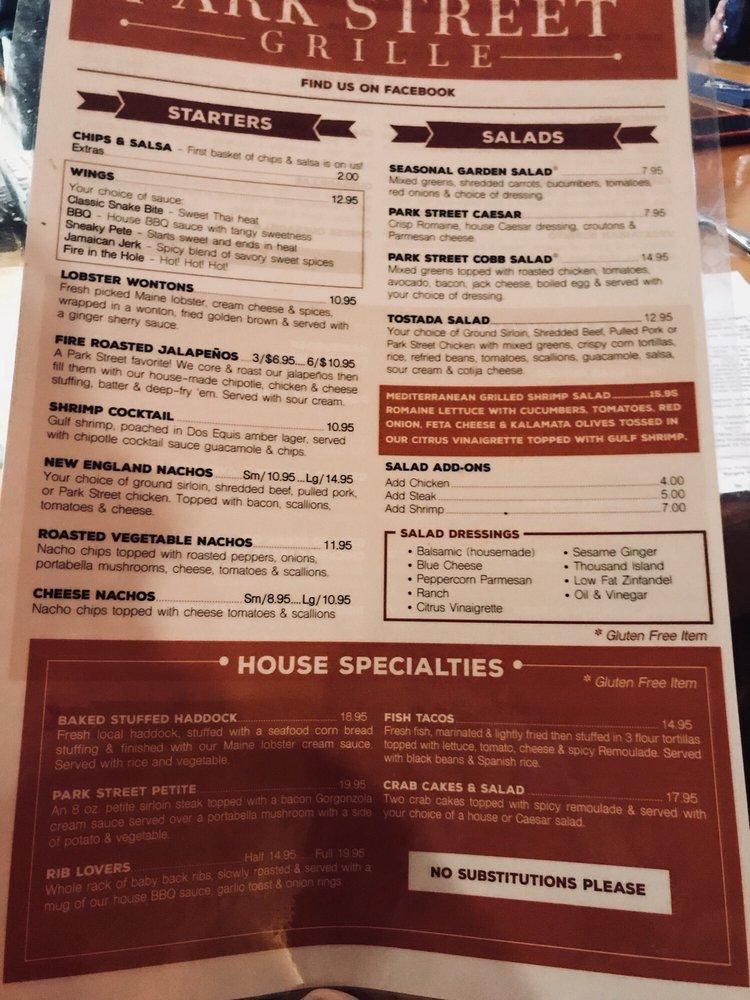 Menu at Park Street Grille pub & bar, Rockland