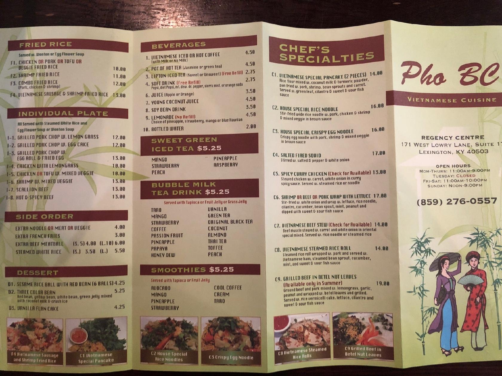 Menu at Pho BC restaurant, Lexington, 171 W Lowry Ln #168