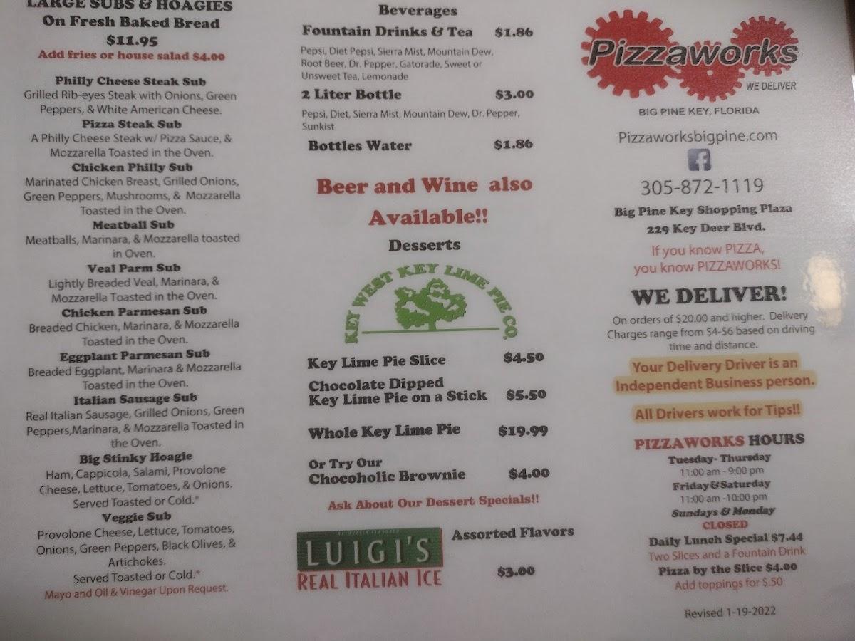 Menu at Pizzaworks pizzeria, Big Pine Key