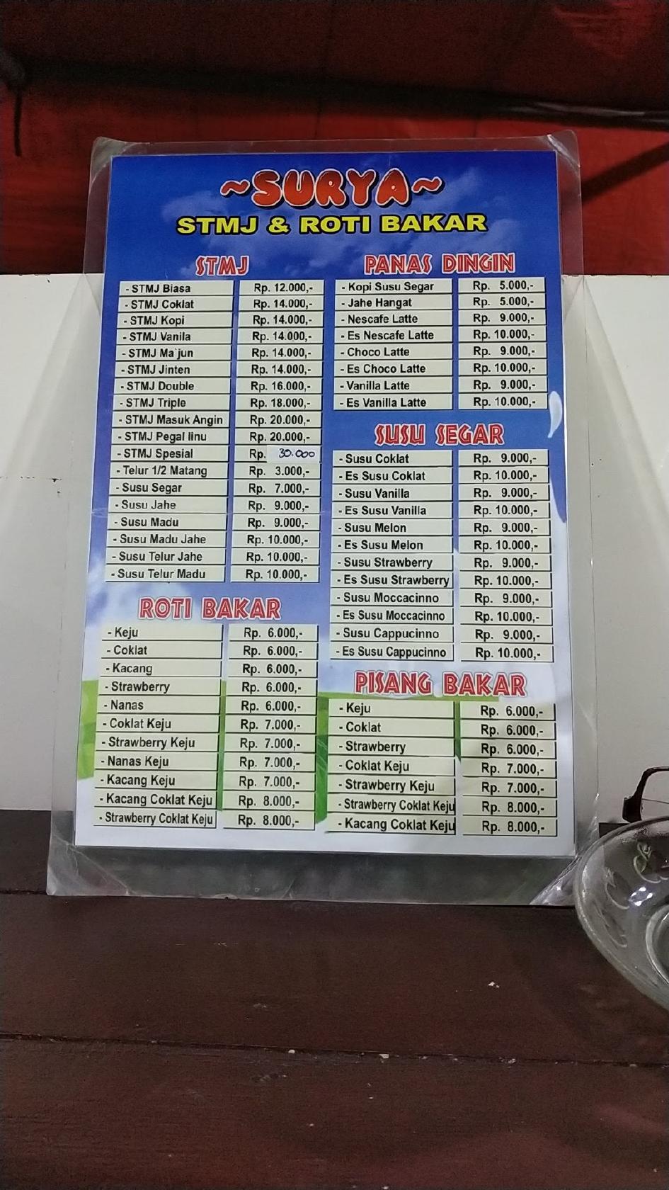 Menu at STMJ Dan Roti Bakar Surya cafe, Malang