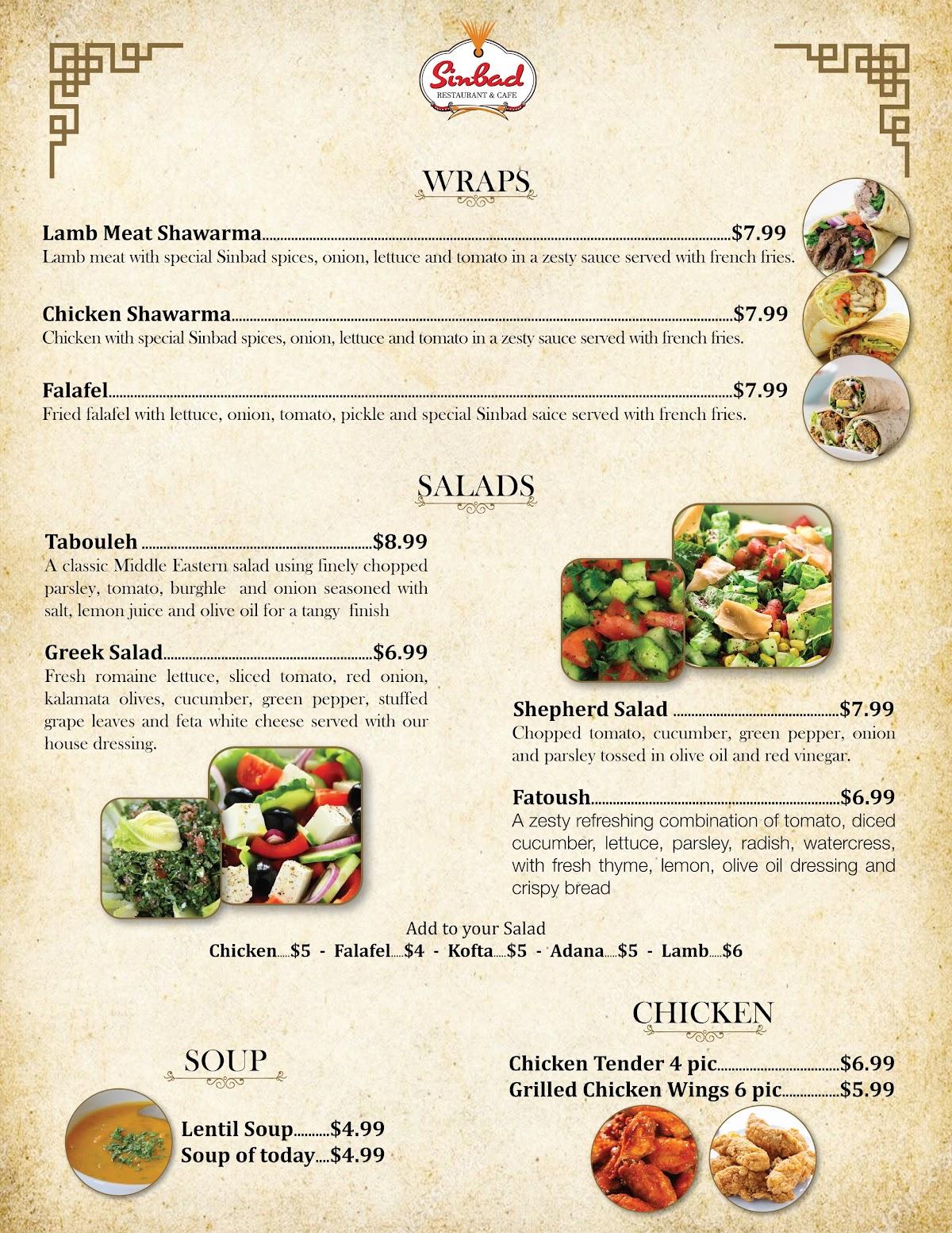 Menu at Sinbad Restaurant, Boca Raton