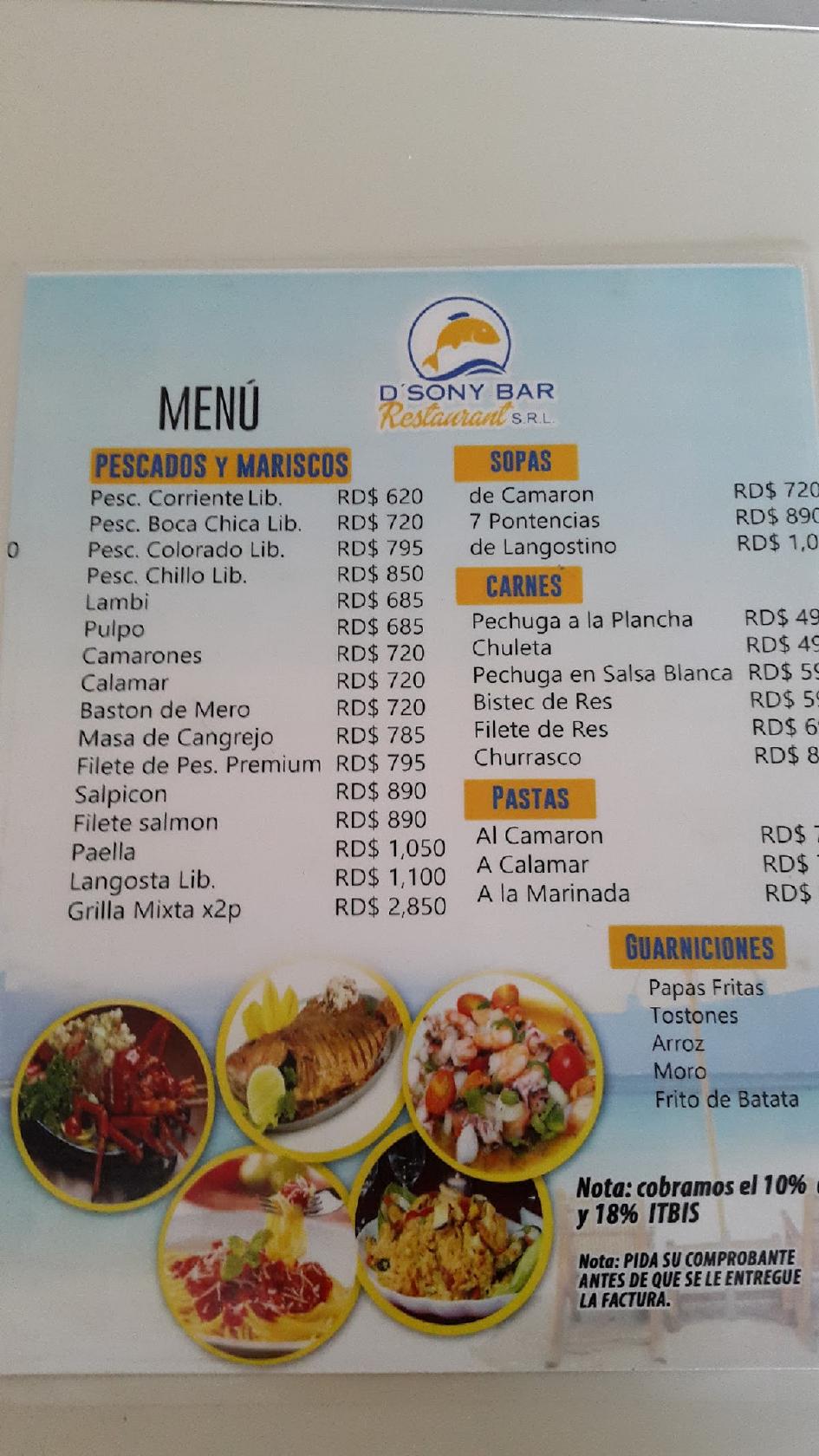 Menu at Sony Restaurant, Boca Chica