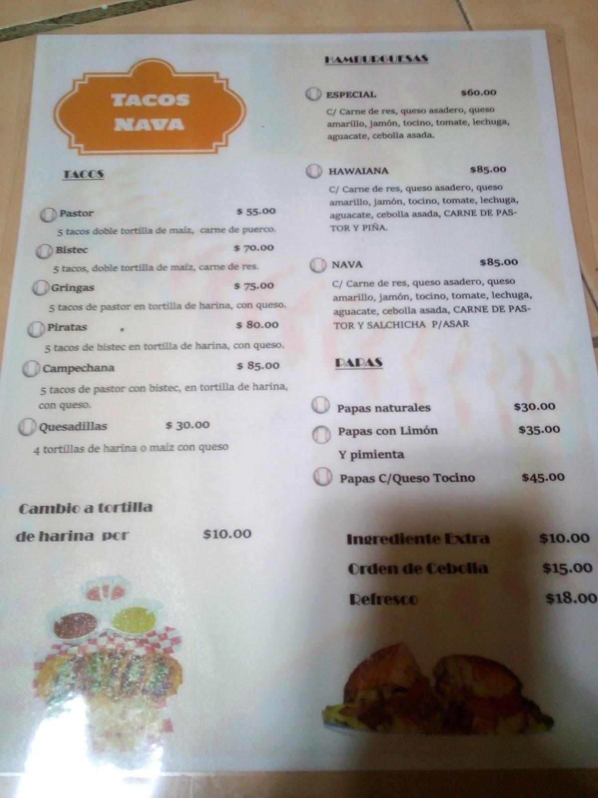 Carta del restaurante Tacos Nava, Saltillo