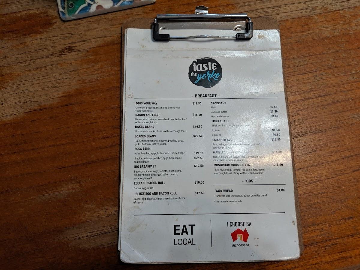 Menu at Taste the Yorke cafe, Moonta