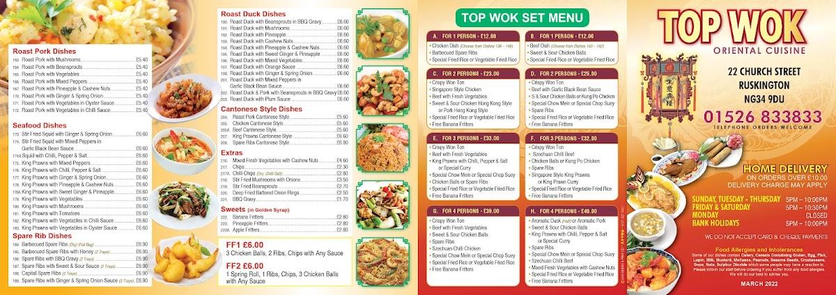 Menu at Top wok Chinese takeaway restaurant, Leasingham