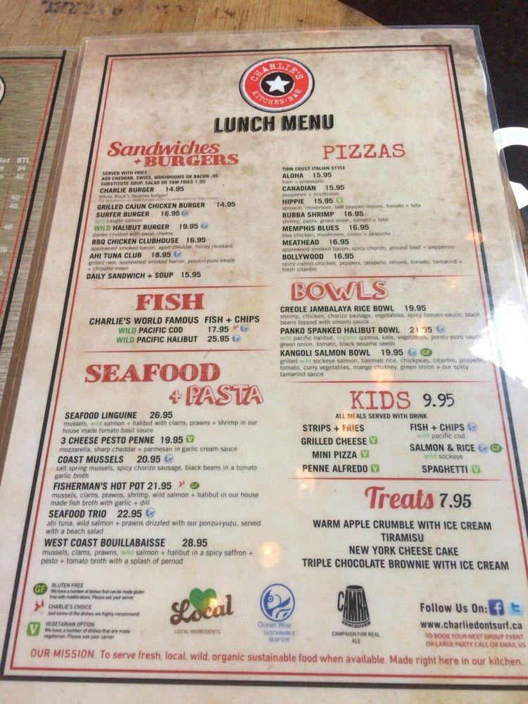Menu at Charlie Don't Surf restaurant, White Rock
