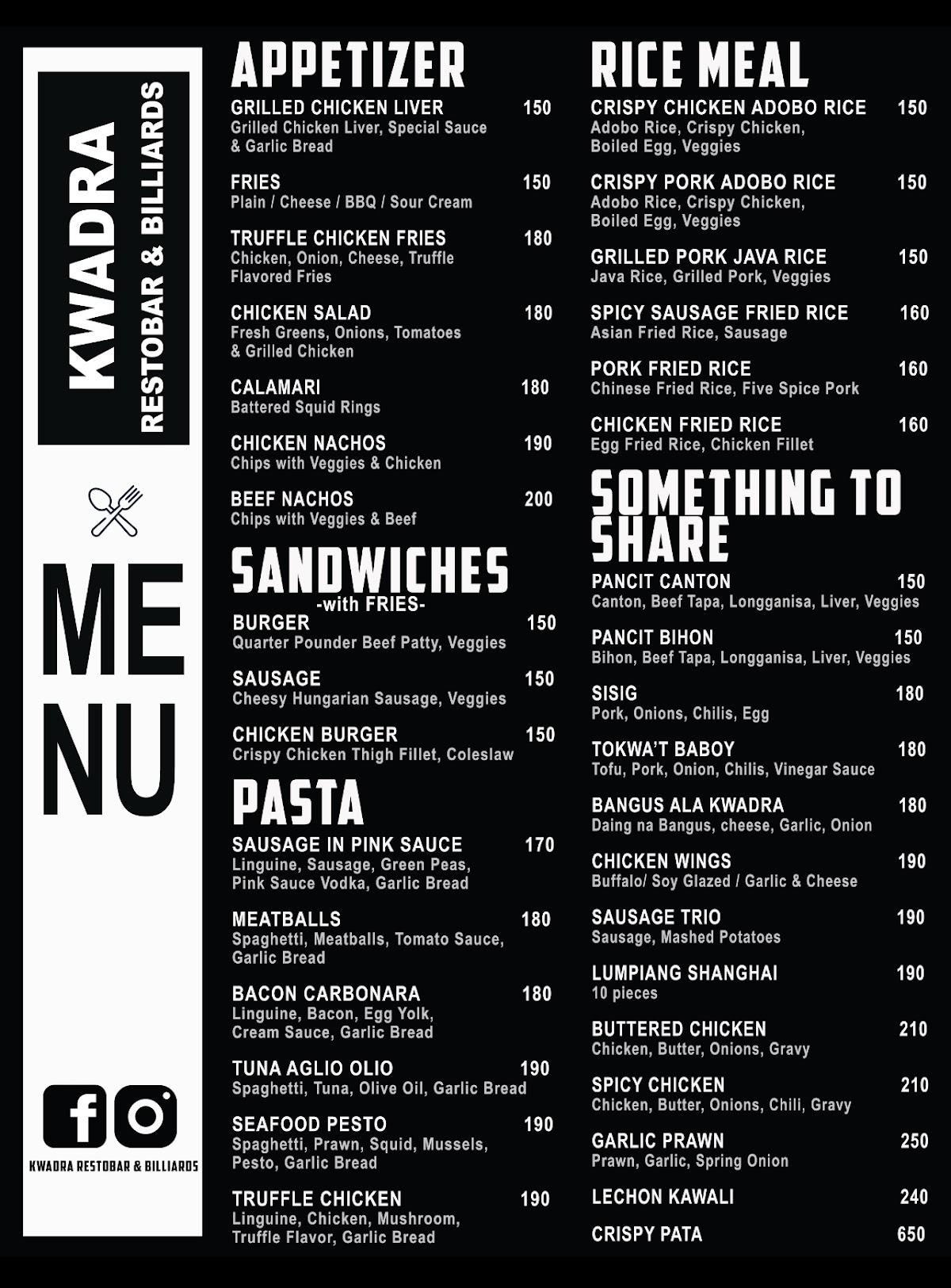 Menu at Kwadra Bar and Billiards, Manila