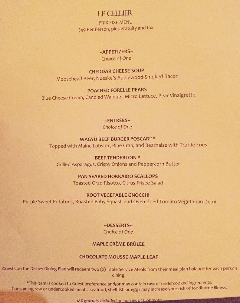 Menu at Le Cellier Steakhouse, Orlando, N Avenue