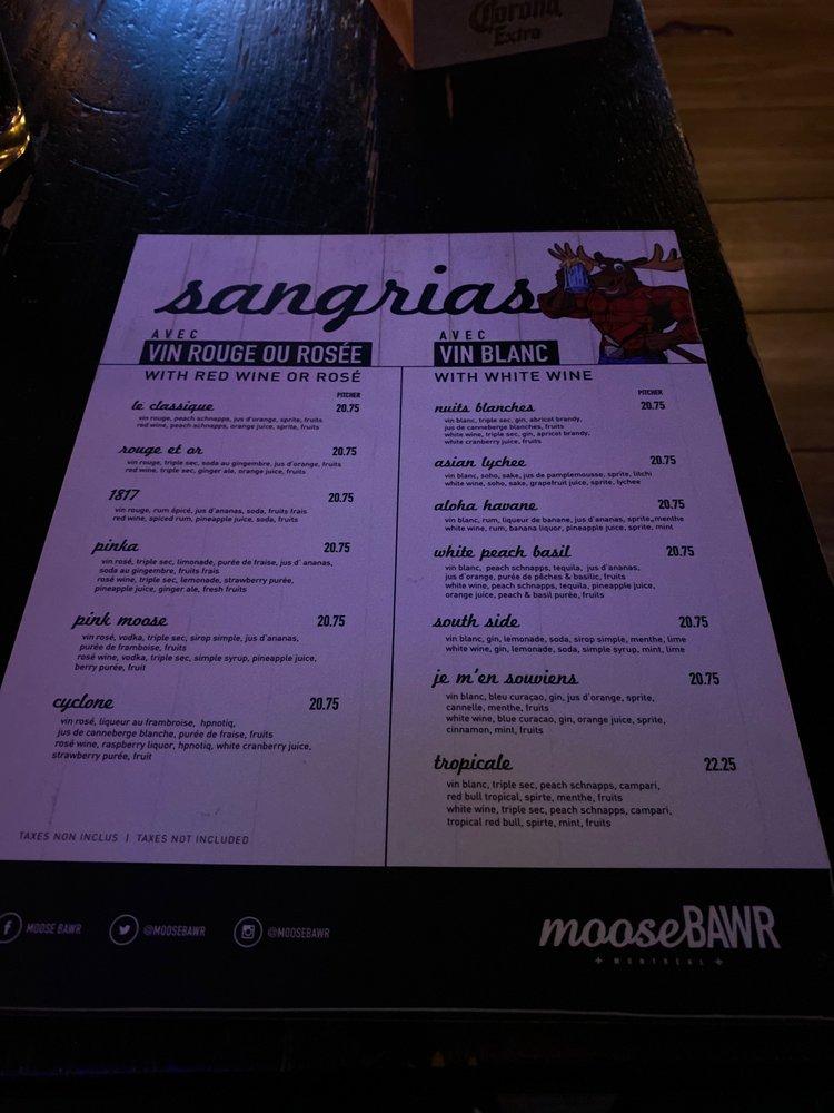 Menu at Moose Bawr pub & bar, Montréal, Saint-Catherine St W