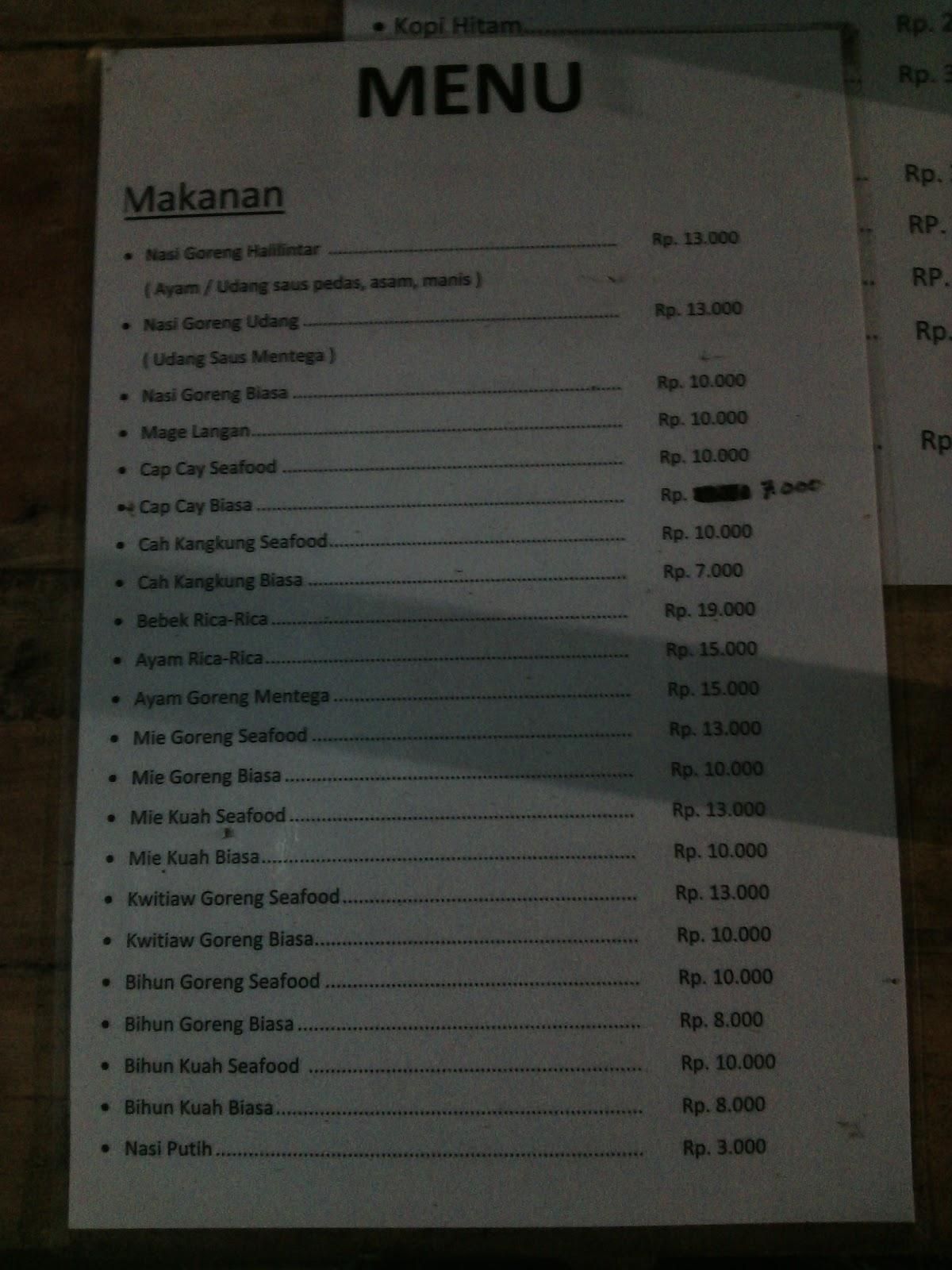 Menu at RM Jawa Sunda restaurant, Bantul