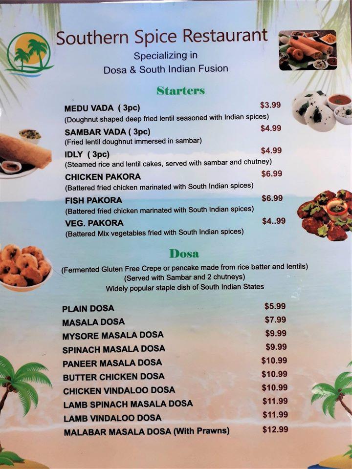 Menu at Southern Spice restaurant, Abbotsford