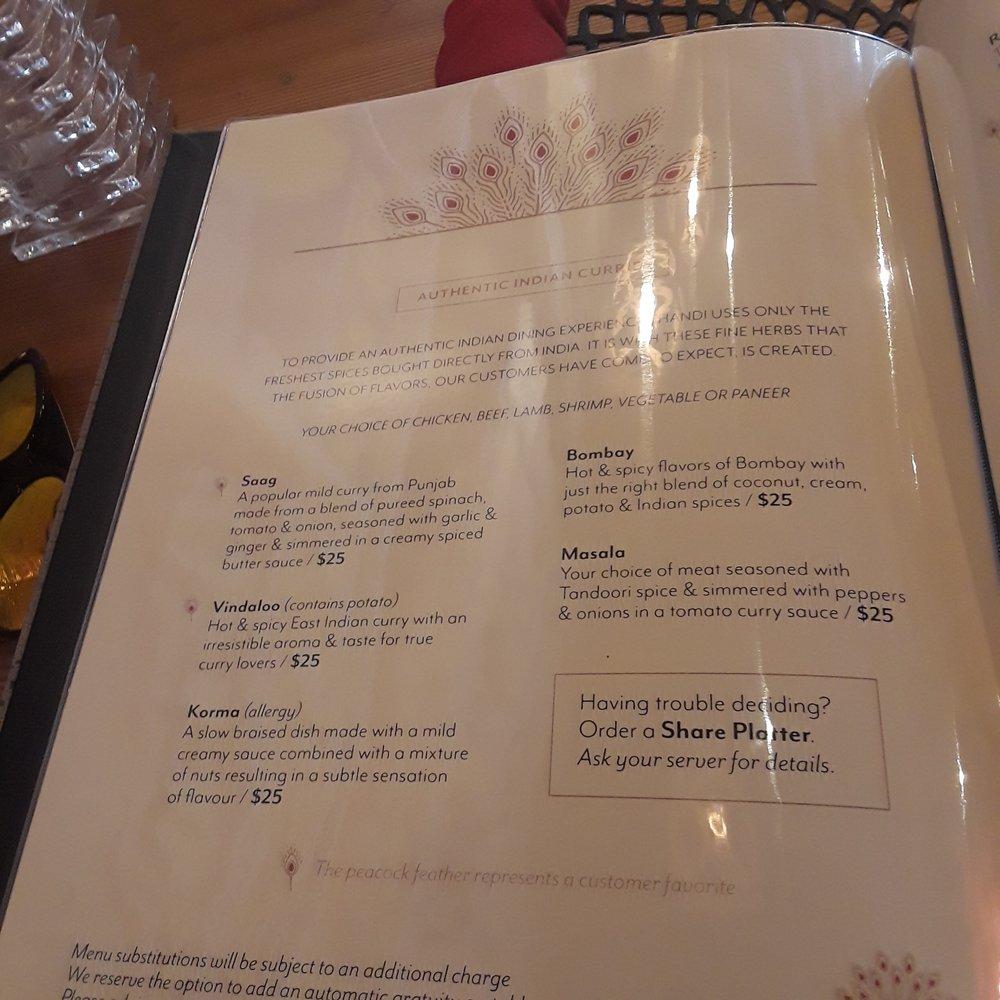 Menu at Thandi restaurant, Saint John