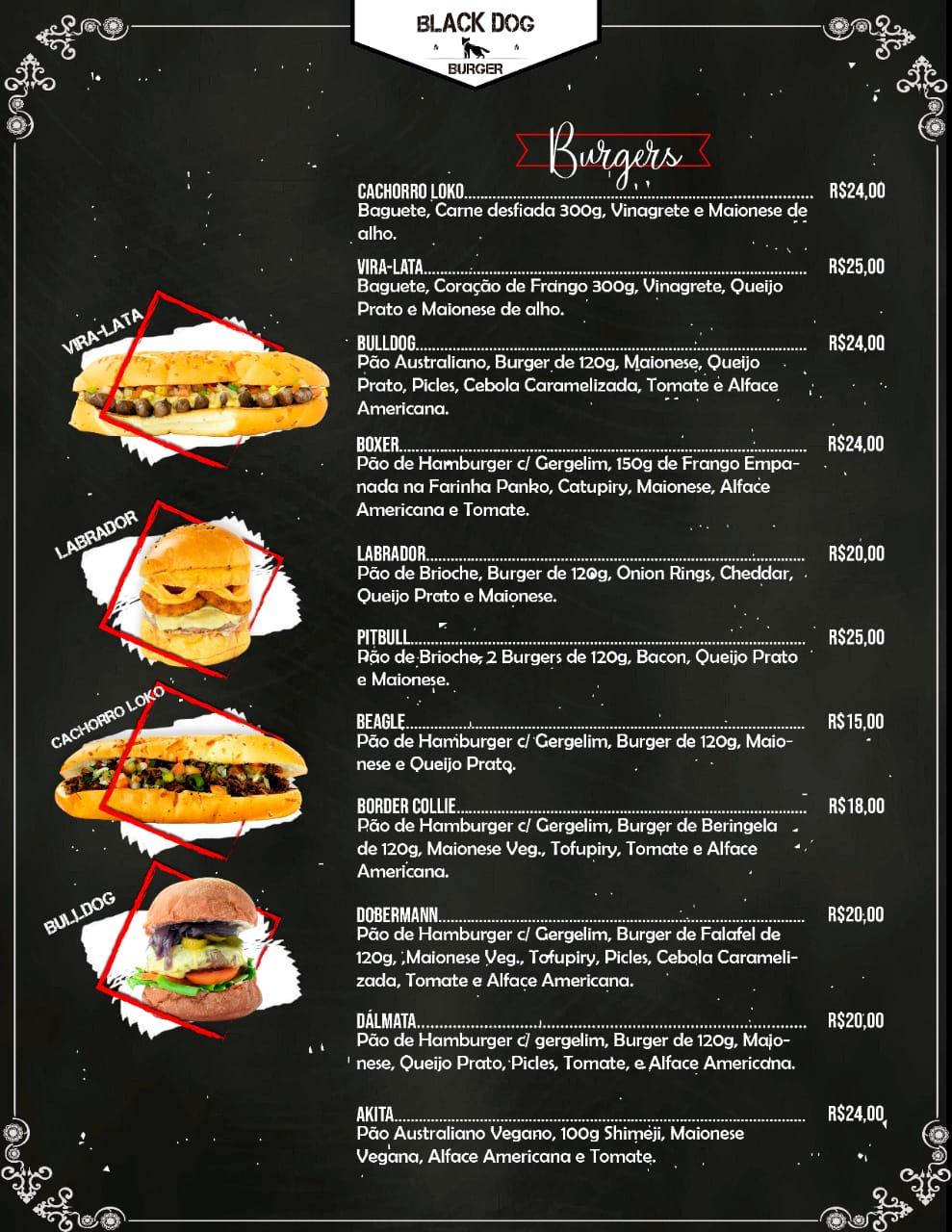 Menu at Black Dog Burger restaurant, Taubaté