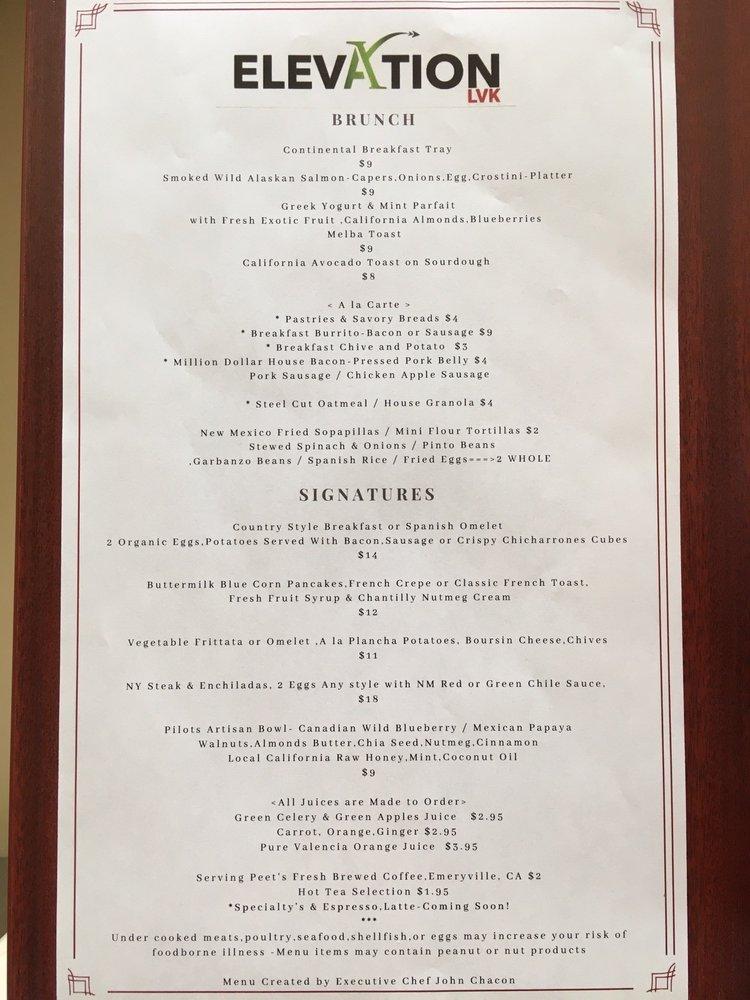 Menu at Elevation LVK pub & bar, Livermore