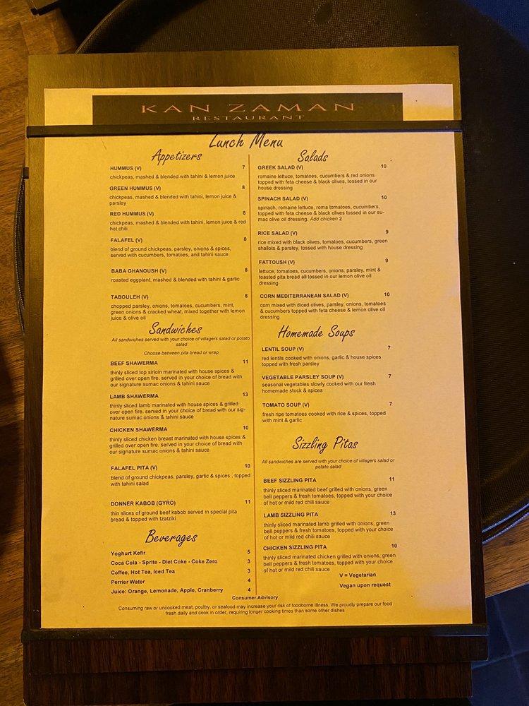 Menu at KAN ZAMAN RESTAURANT, Murrieta