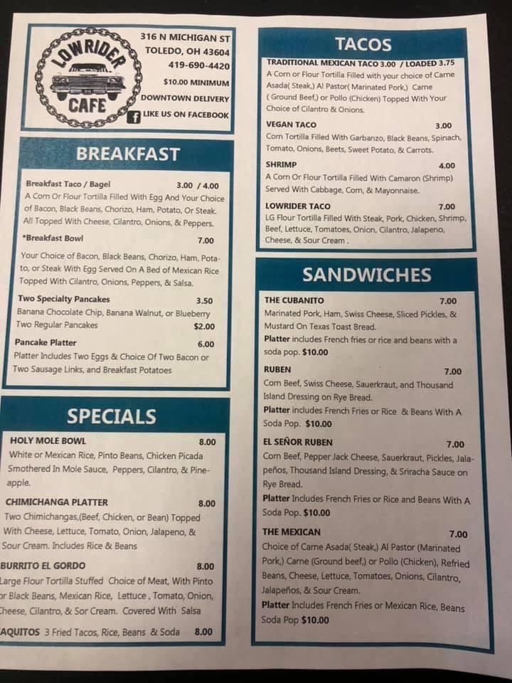 Menu at Lowrider Cafe, Toledo