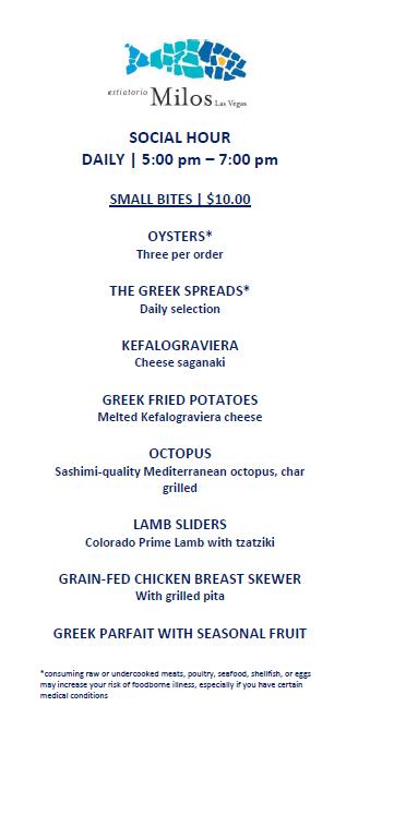 Menu at estiatorio Milos Las Vegas restaurant, Las Vegas, S Las Vegas Blvd