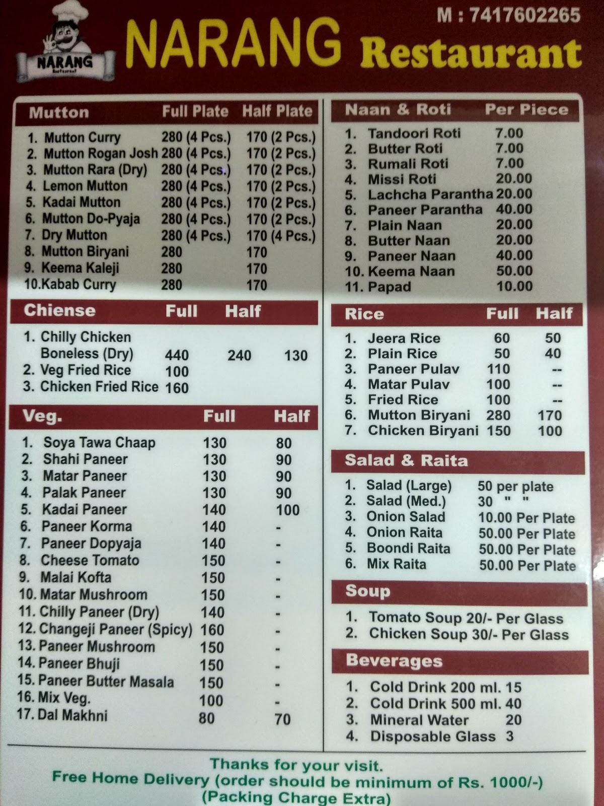 Menu at NARANG RESTAURANT, Modinagar