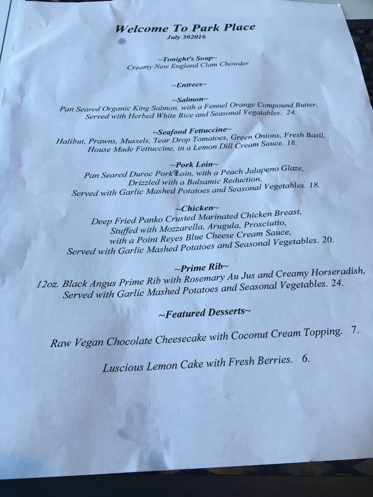 Menu at Park Place Restaurant, Lakeport