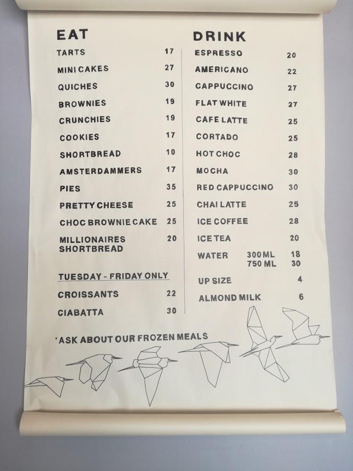 Menu at Prince of Tarts cafe, George
