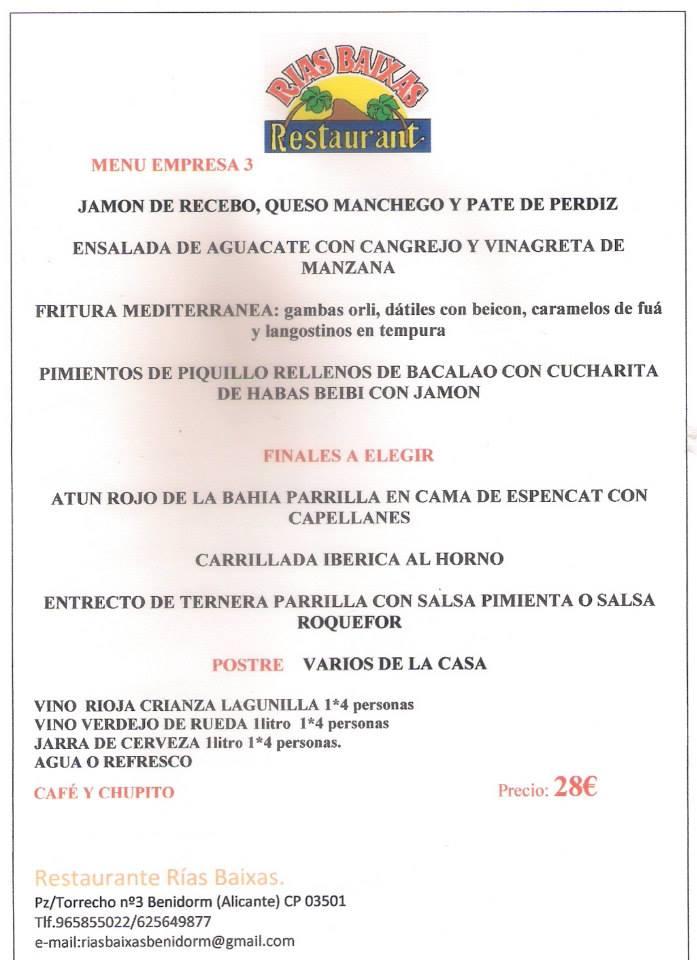 Menu at Rias Baixas Benidorm restaurant, Benidorm