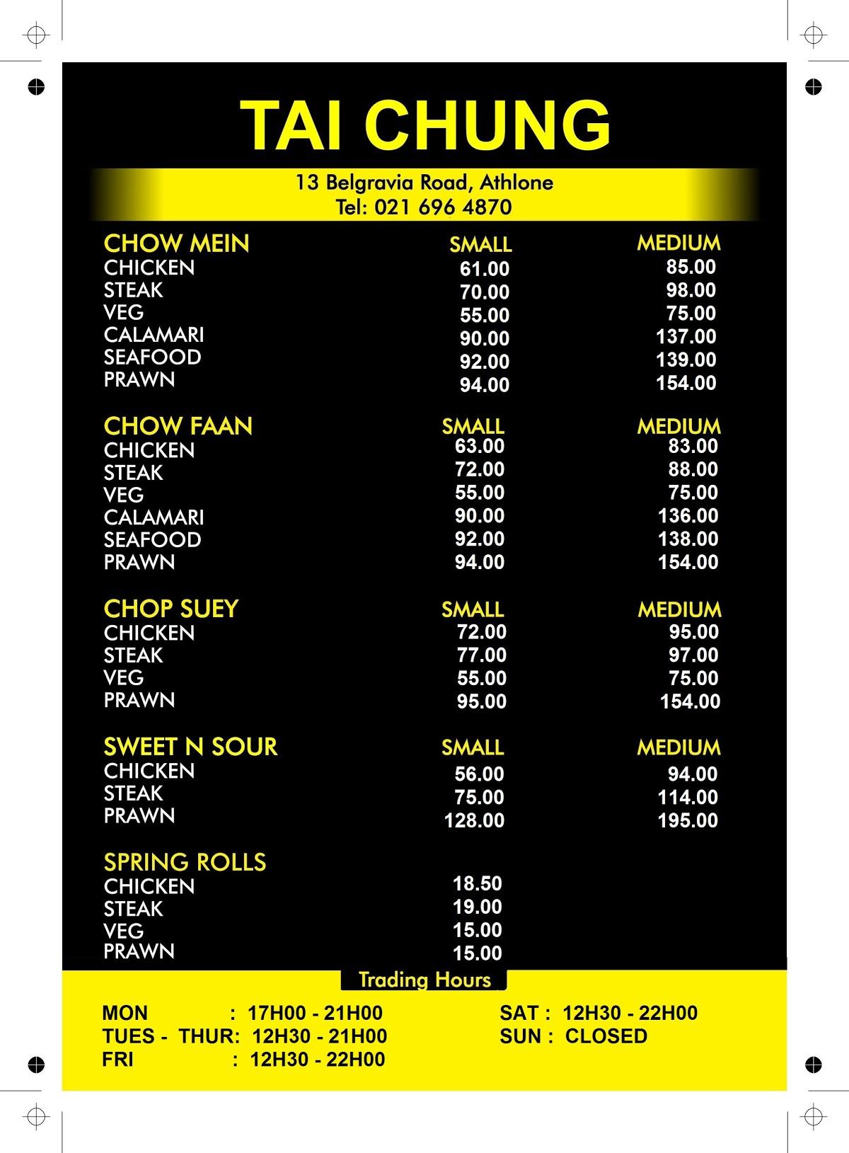 Menu at Tai Chung restaurant, Cape Town, 13 Belgravia Rd