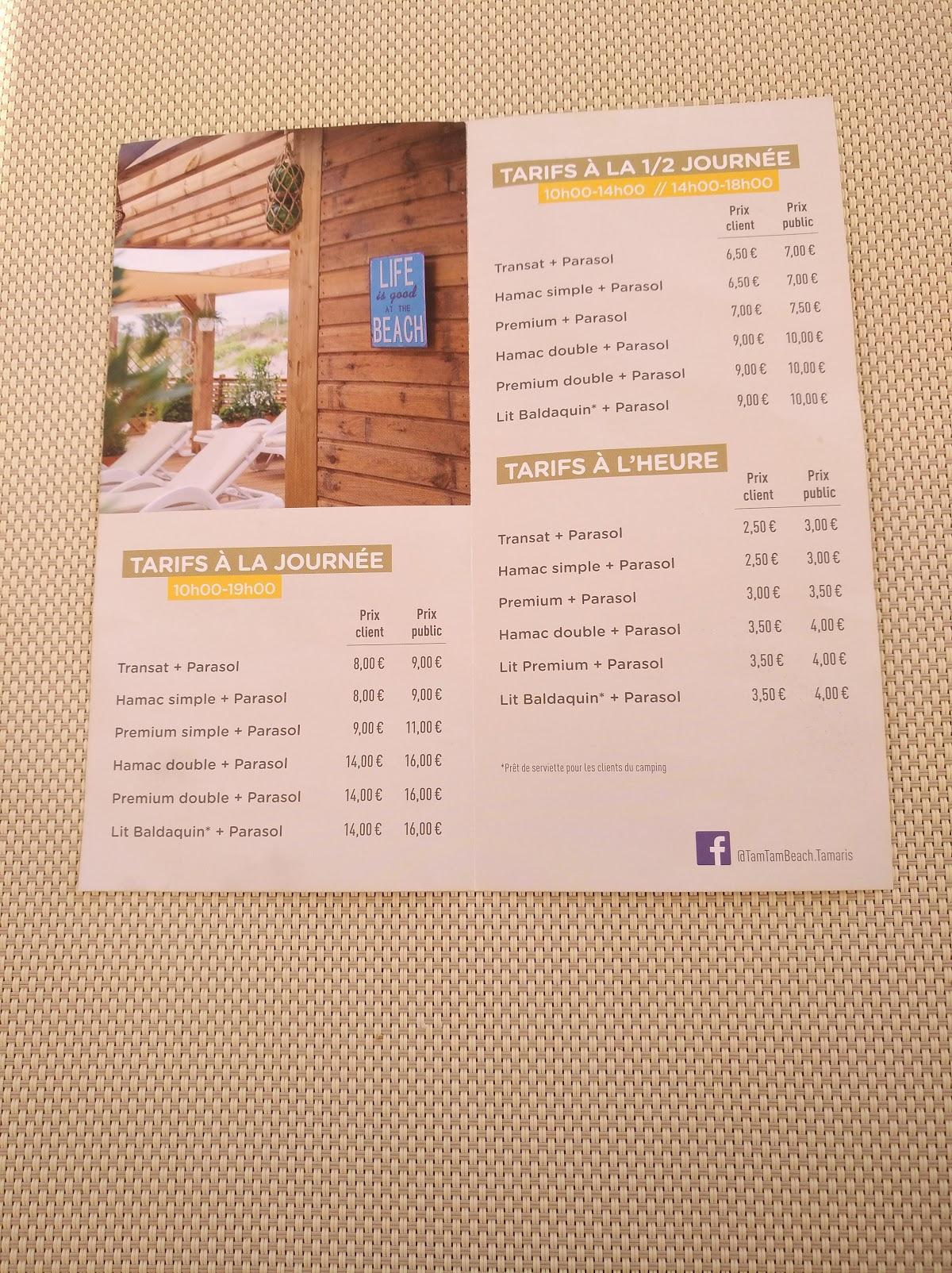 Menu at Tam Tam Beach pub & bar, Frontignan