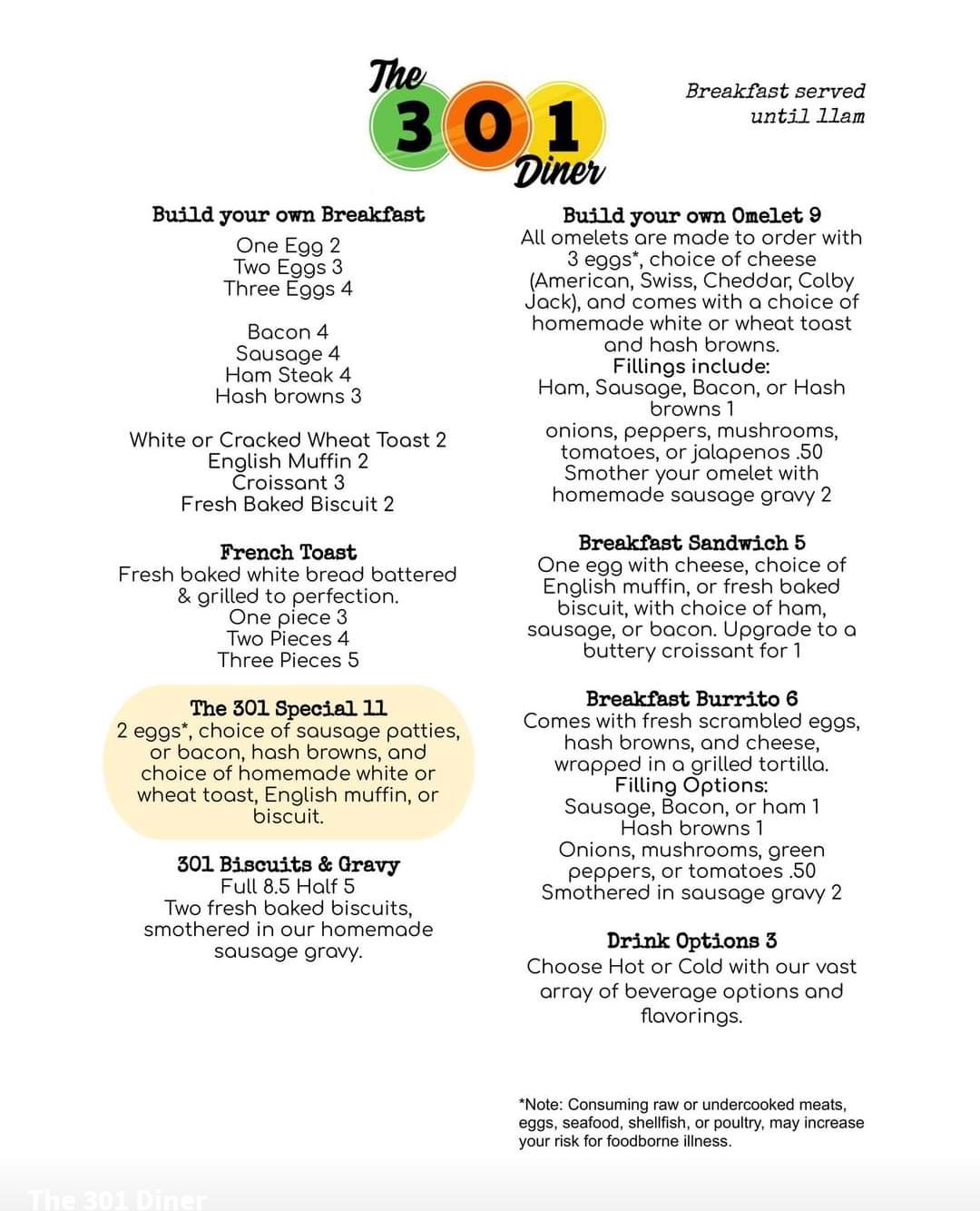 Menu at The 301 Diner restaurant, Wolverine