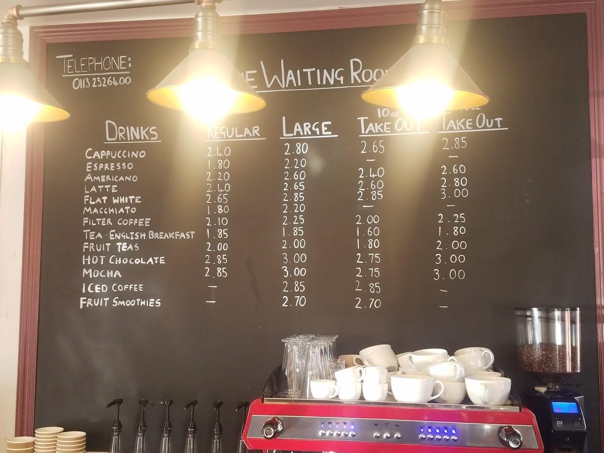 Menu at The Waiting Room cafe, Leeds, 1 Station Rd