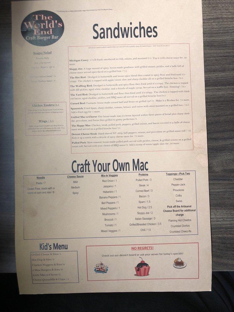 Menu at The World's End Craft Burger Bar, Roseville