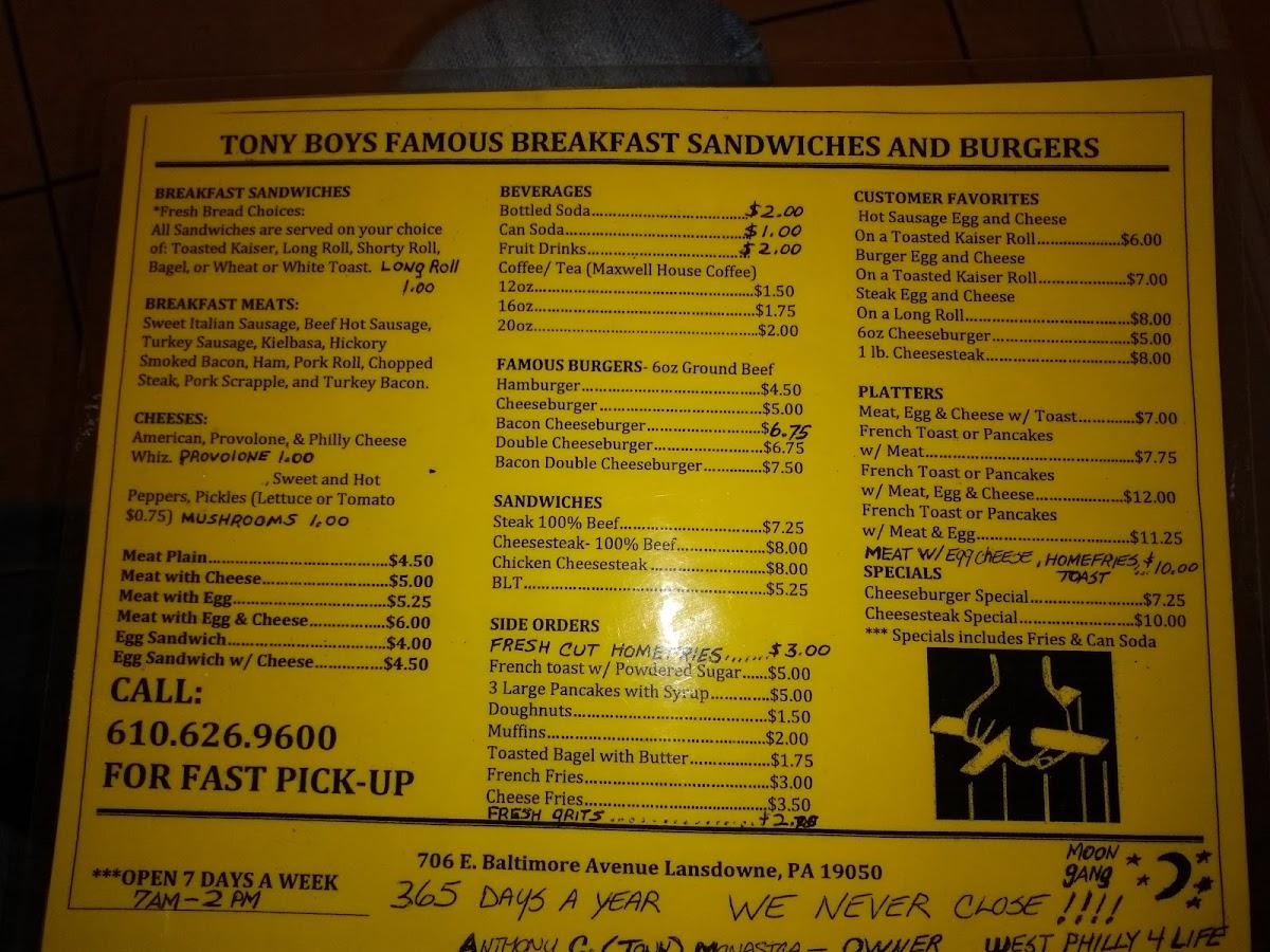 Menu at Tony Boys restaurant, Lansdowne