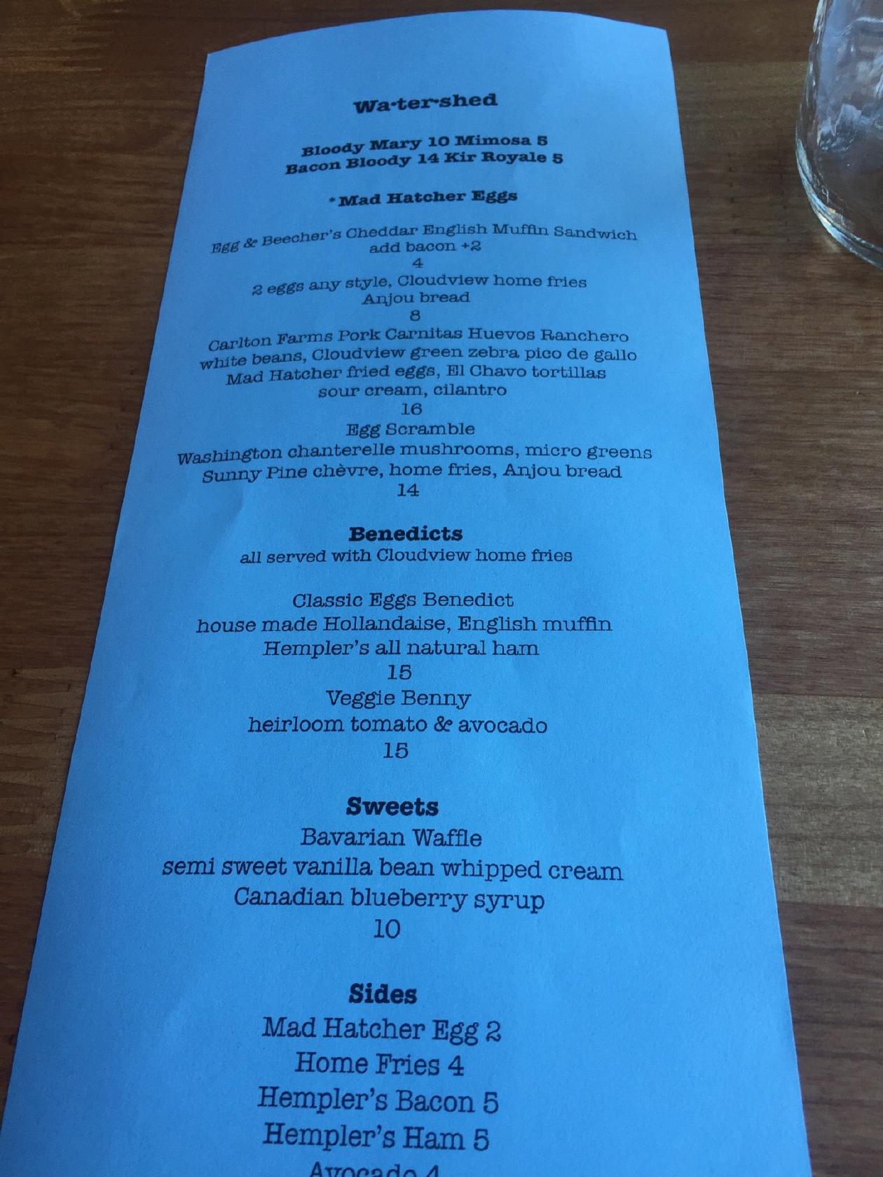 Carta de Watershed Cafe, Leavenworth