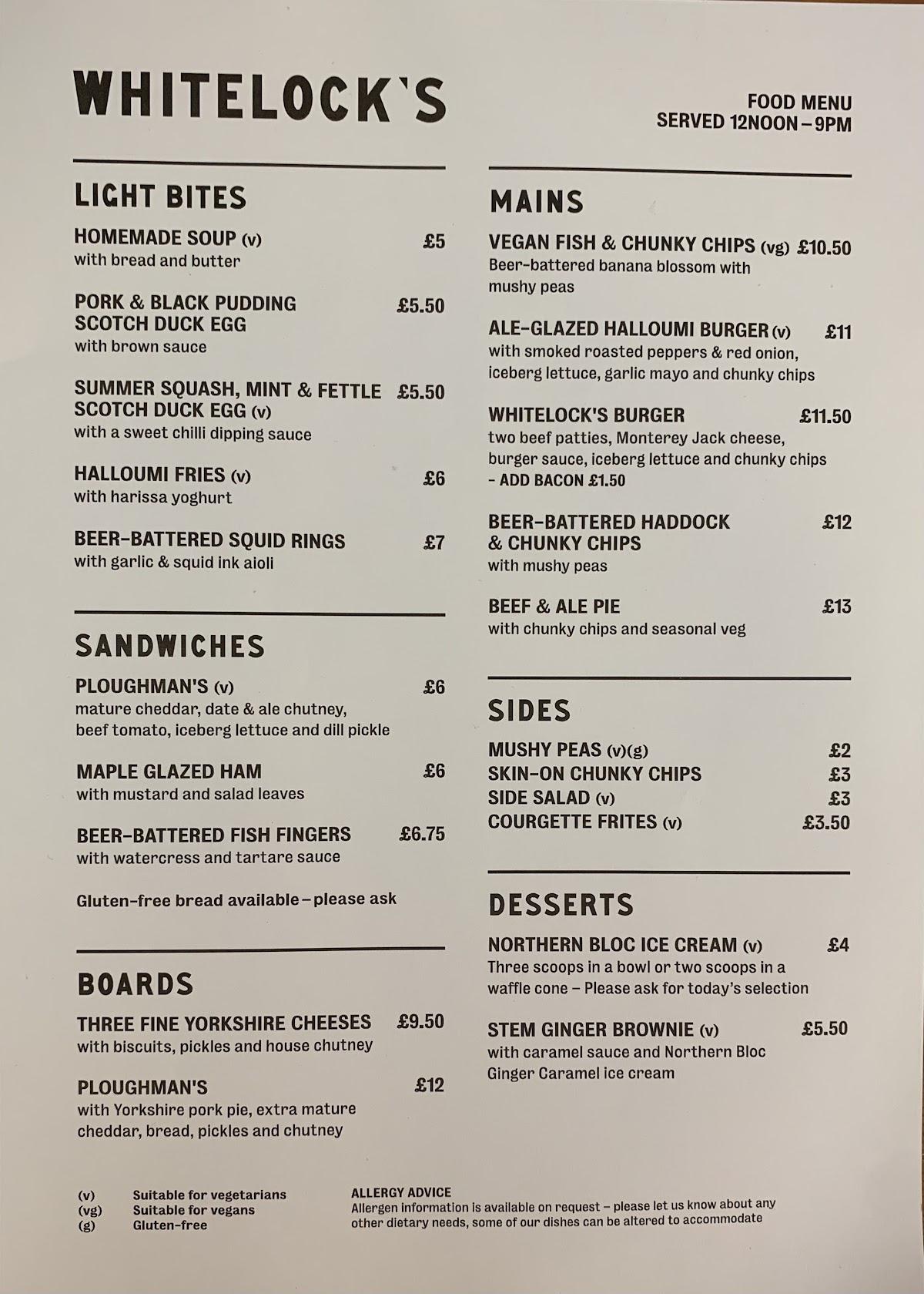 Menu at Whitelock's Ale House pub & bar, Leeds