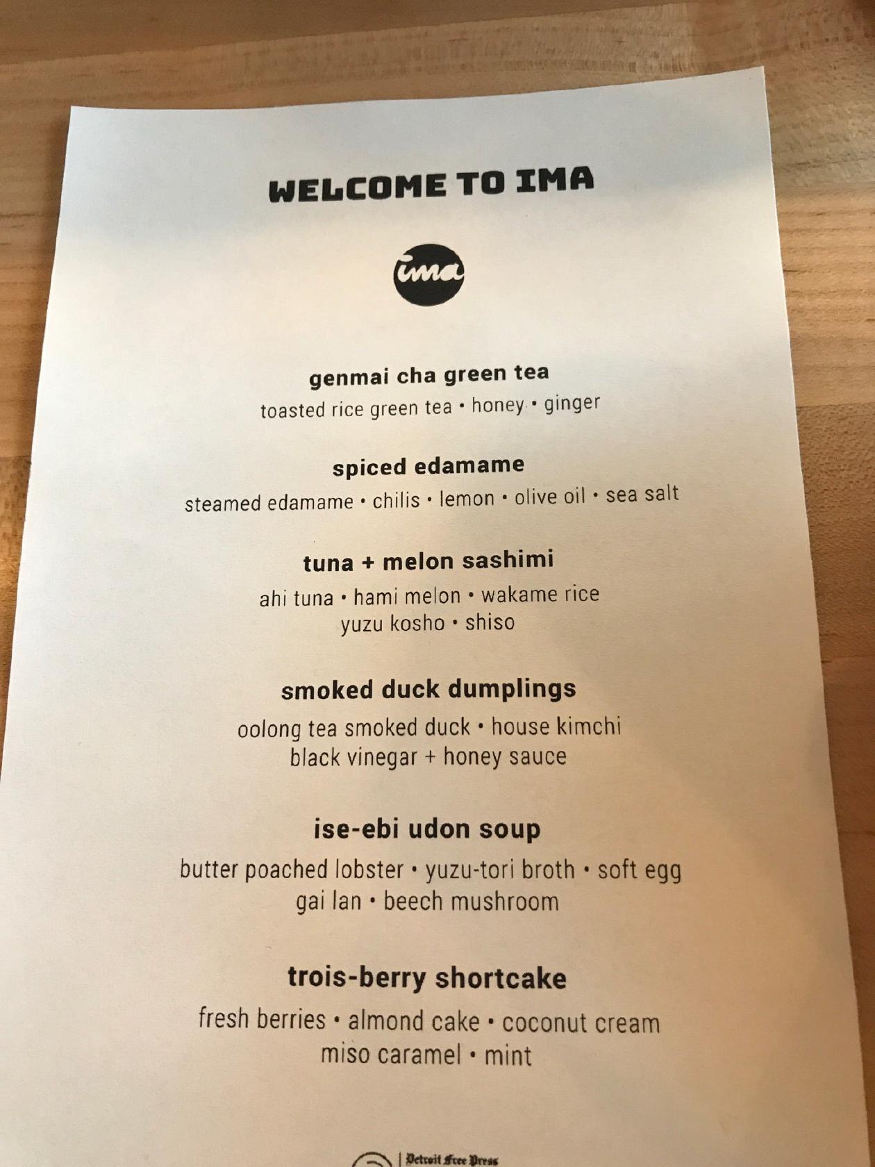 Menu at ima restaurant, Detroit, 2015 Michigan Ave