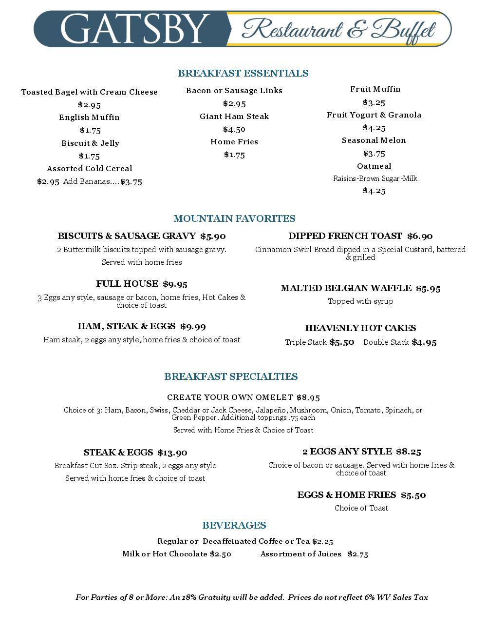 Menu at Gatsby Restaurant, Wellsville