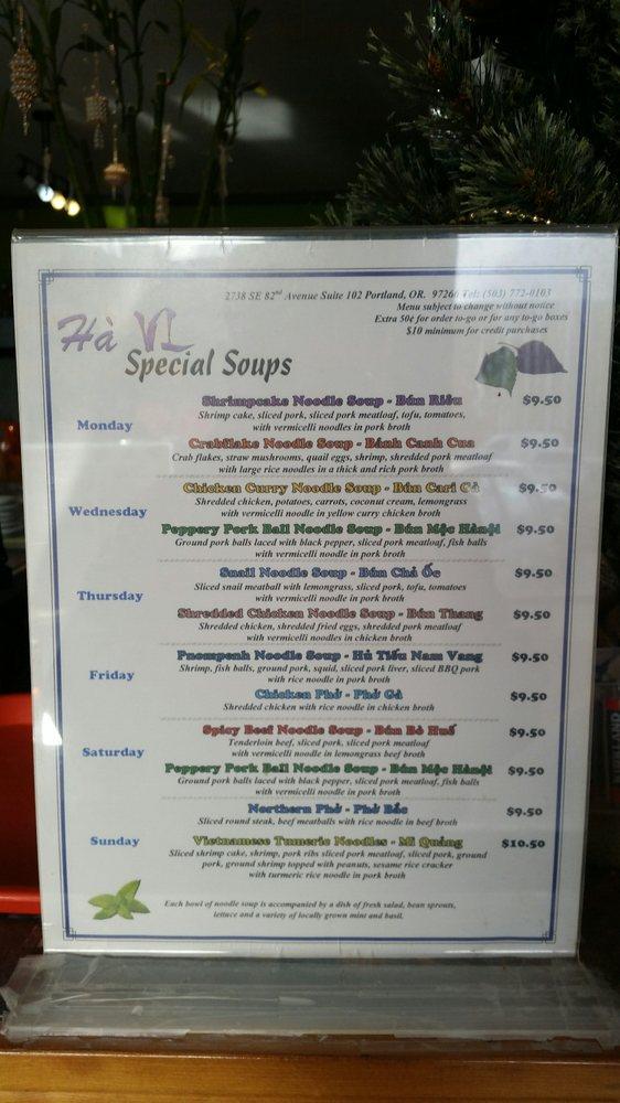 Menu at HA VL Vietnamese Noodle Soup restaurant, Portland