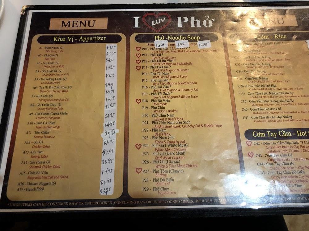 Menu at Master Pho restaurant, Doraville