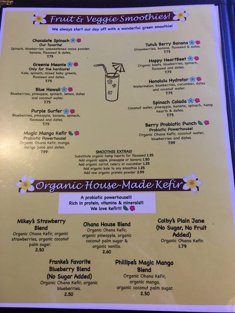 Menu at Ohana restaurant, Dunedin, Main St